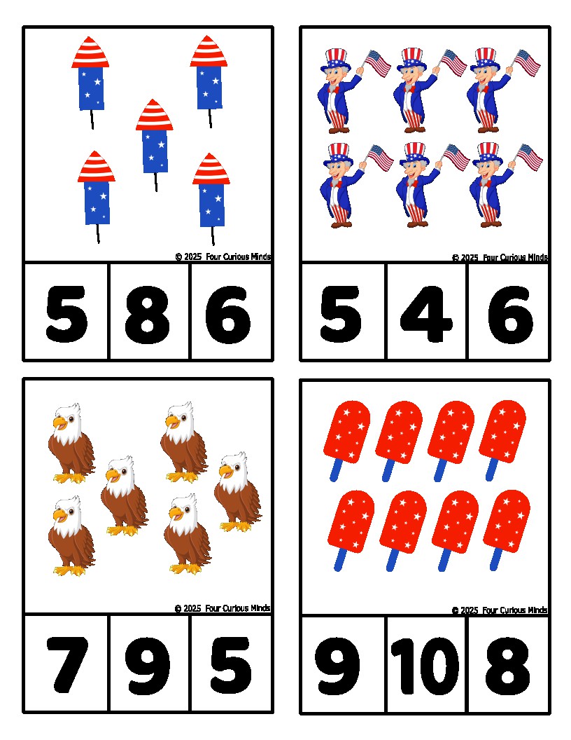 Patriotic Number Clip Cards - Four Curious Minds